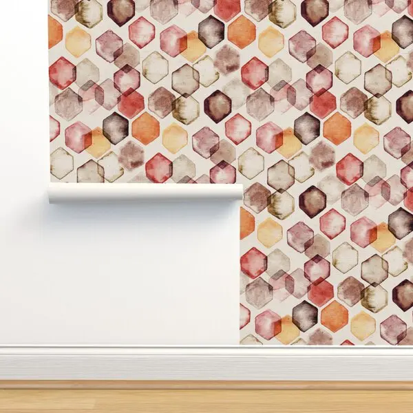 Spoonflower Autumn Bokeh Watercolour Hexagons 100% Natural Sisal Grasscloth Wallcovering - Red,brown,pink