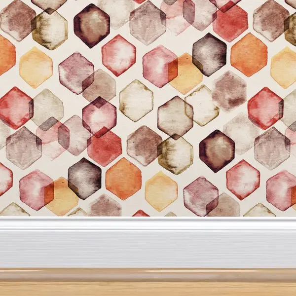 Spoonflower Autumn Bokeh Watercolour Hexagons 100% Natural Sisal Grasscloth Wallcovering - Red,brown,pink