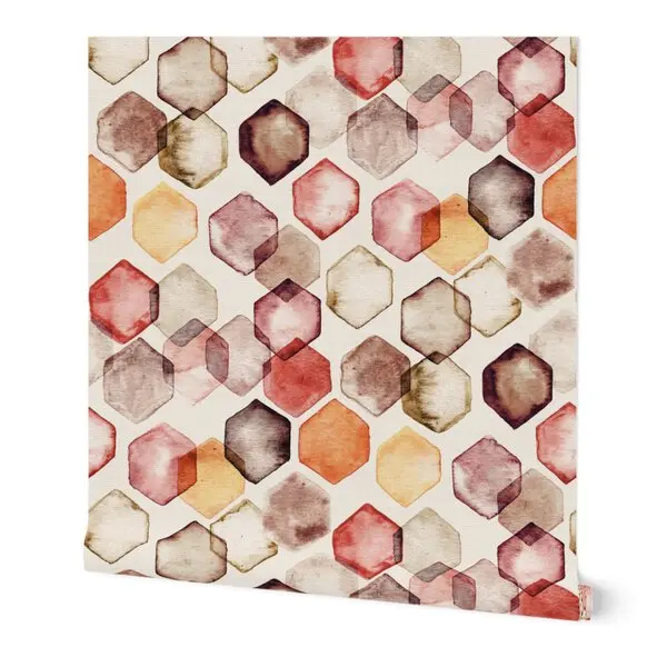 Spoonflower Autumn Bokeh Watercolour Hexagons 100% Natural Sisal Grasscloth Wallcovering - Red,brown,pink