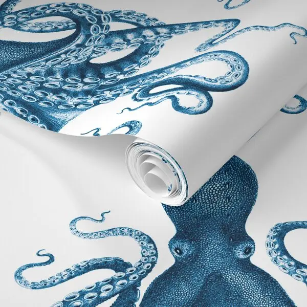 Spoonflower Octopus Tentacles Navy Verrucosus Lovey Custom Removable Wallpaper - Teal,blue