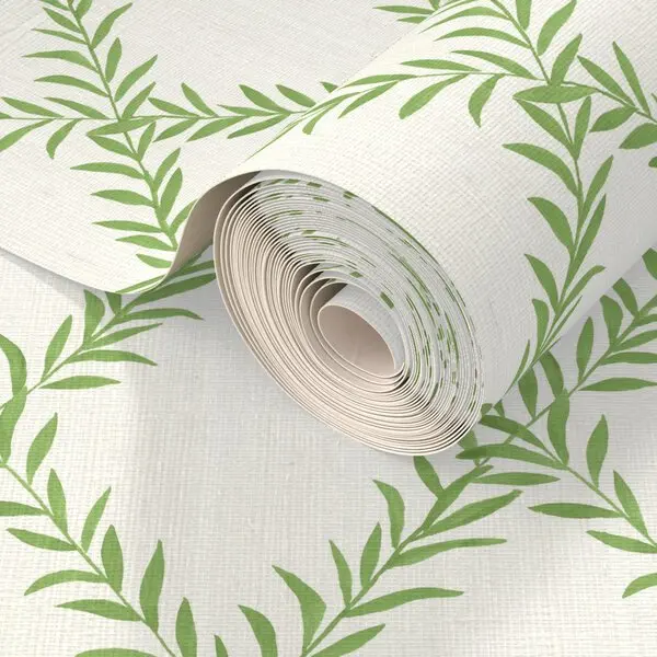 Spoonflower Erin Leafy Trellis Spring On White 100% Natural Sisal Grasscloth Wallcovering - Green