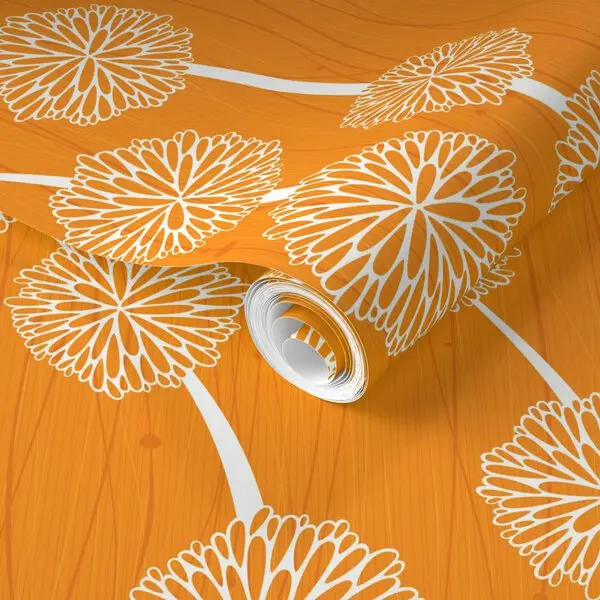 Spoonflower Small Orange Dandelion Flowers Graphic Botanical Custom Removable Wallpaper - Orange,white,beige