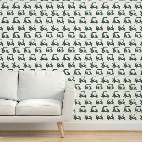 Spoonflower Tee Time Golf Carts On White C21 100% Natural Sisal Grasscloth Wallcovering
