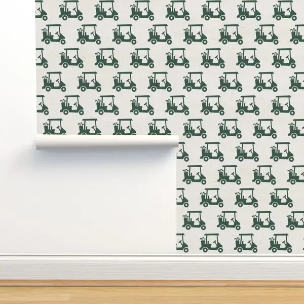 Spoonflower Tee Time Golf Carts On White C21 100% Natural Sisal Grasscloth Wallcovering