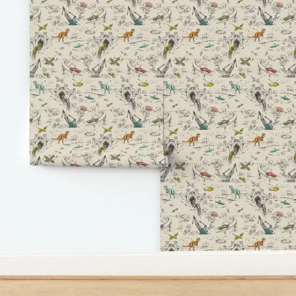 Spoonflower Adventure Toile Retro Mini Custom Pre-pasted Wallpaper - Gray,brown