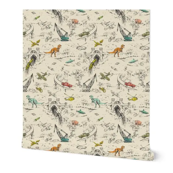 Spoonflower Adventure Toile Retro Mini Custom Pre-pasted Wallpaper - Gray,brown