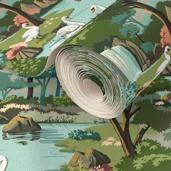 Spoonflower Green Teal Retro Birds Water Aqua 1950s 100% Natural Sisal Grasscloth Wallcovering - Green,gray,teal