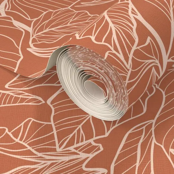 Spoonflower Leaves Line Drawing Terracotta Red 100% Natural Sisal Grasscloth Wallcovering - Brown,pink