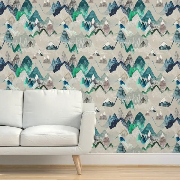 Spoonflower Blue Mountain Call Adventure Camping Rustic Custom Removable Wallpaper - Blue,gray,green
