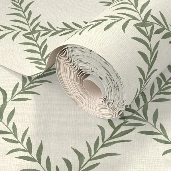 Spoonflower Erin Leafy Trellis Kennebunkport On Cream 100% Natural Sisal Grasscloth Wallcovering - Green