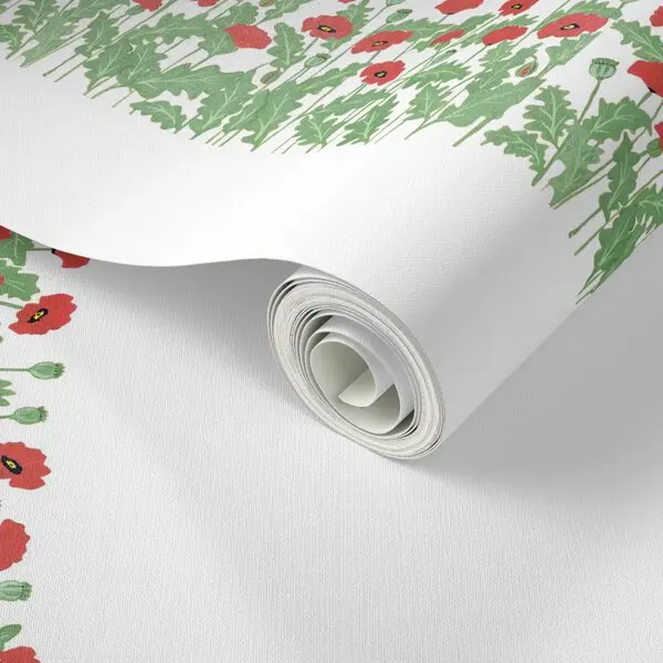 Spoonflower Border Floral Original Red Hand Drawn Vermont Custom Pre-pasted Wallpaper - Green,gray