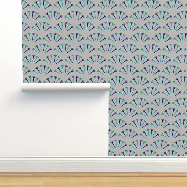 Spoonflower Golf Tee Fans And Blues 100% Natural Sisal Grasscloth Wallcovering - Blue,teal,gray