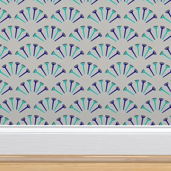 Spoonflower Golf Tee Fans And Blues 100% Natural Sisal Grasscloth Wallcovering - Blue,teal,gray
