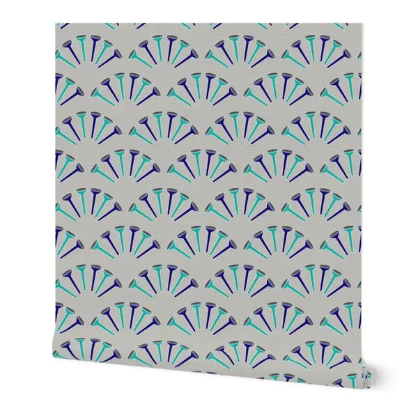 Spoonflower Golf Tee Fans And Blues 100% Natural Sisal Grasscloth Wallcovering - Blue,teal,gray