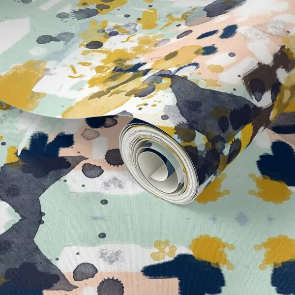 Spoonflower Abstract Watercolor Ink Blot Blue Yellow Mint Custom Pre-pasted Wallpaper - Blue,yellow,gray