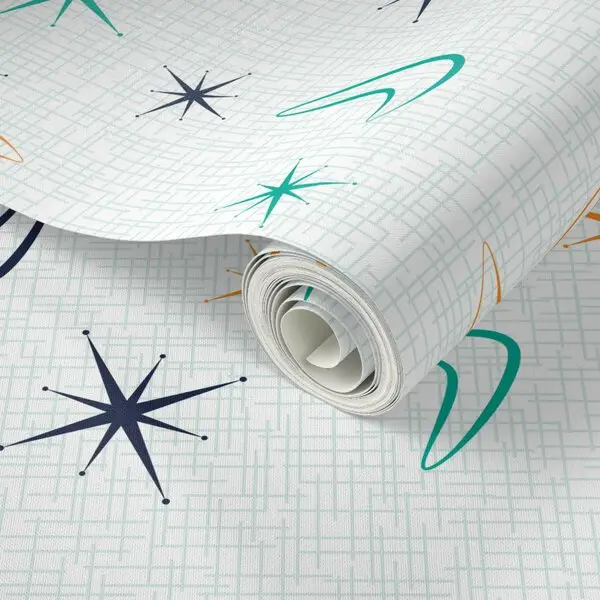 Spoonflower White Blue Retro Orange Turquoise Starburst Mod Custom Removable Wallpaper - Blue,orange,mint