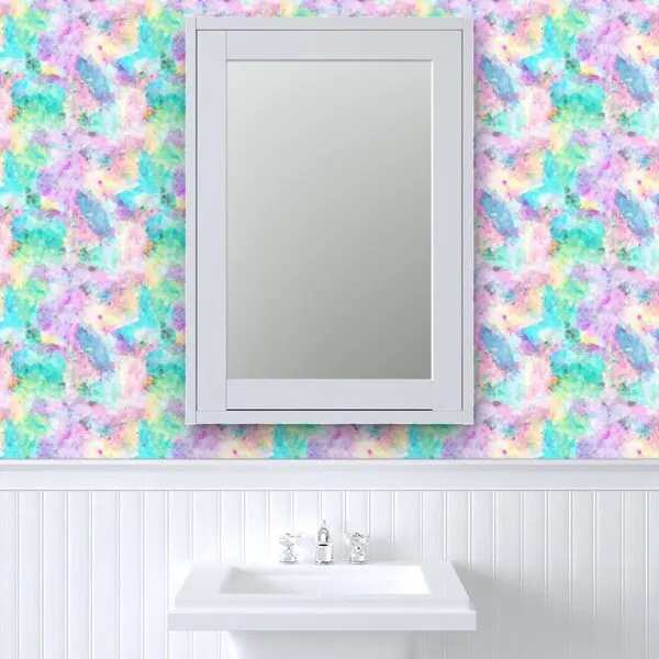 Spoonflower Abstract Soft Watercolor Paint Splatter Custom Removable Wallpaper - Rainbow