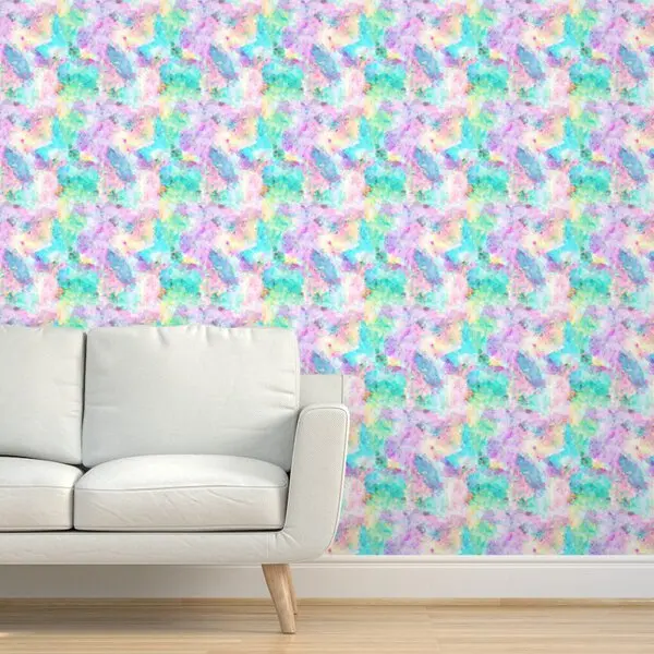 Spoonflower Abstract Soft Watercolor Paint Splatter Custom Removable Wallpaper - Rainbow
