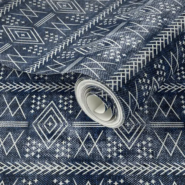 Spoonflower Vintage Moroccan Eye Luck Tribal Mudcloth Custom Removable Wallpaper - Blue