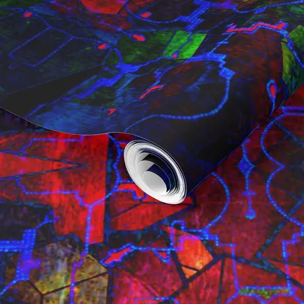 Spoonflower Neon Cube Cubes Shipibo Trippy Psychedelic Custom Removable Wallpaper - Purple,blue,red