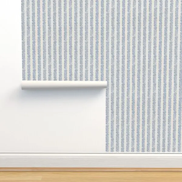 Spoonflower Blue Botanical Leaf Pattern 100% Natural Sisal Grasscloth Wallcovering