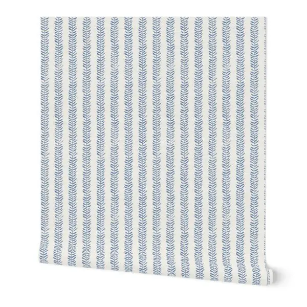 Spoonflower Blue Botanical Leaf Pattern 100% Natural Sisal Grasscloth Wallcovering