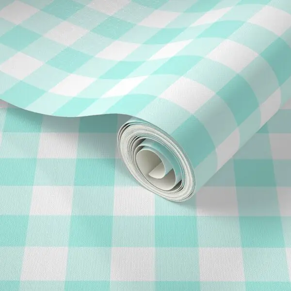Spoonflower Gingham Check Plaid Country Kitchen Custom Removable Wallpaper - Turquoise,teal,mint