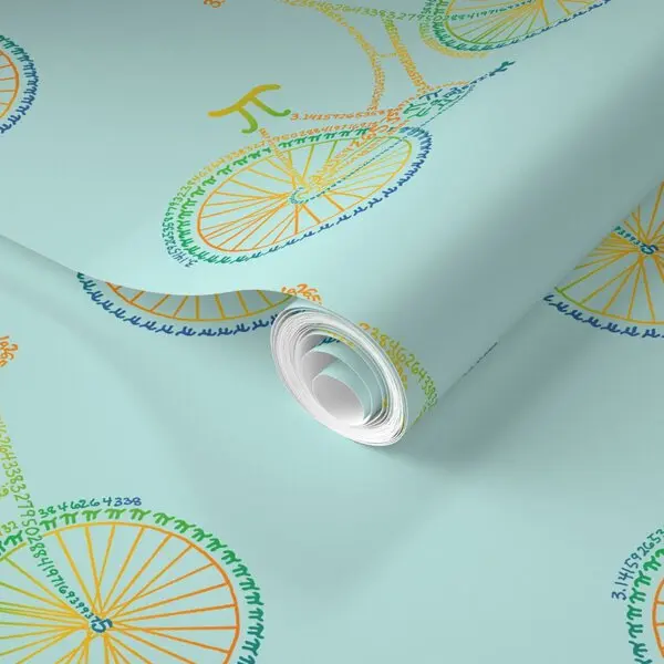 Spoonflower Green Blue Yellow Orange Aqua Bicycle Math Custom Pre-pasted Wallpaper - Teal,sage,green