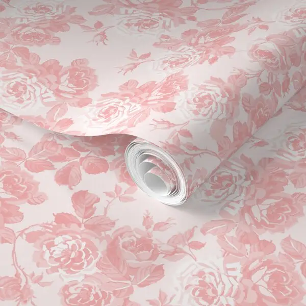 Spoonflower Peach Roses Peony Pink English And Custom Pre-pasted Wallpaper - Pink,red,gray
