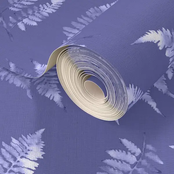 Spoonflower Lavender Ferns On Periwinkle 100% Natural Sisal Grasscloth Wallcovering - Purple,blue