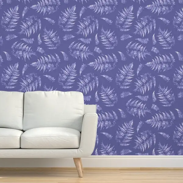 Spoonflower Lavender Ferns On Periwinkle 100% Natural Sisal Grasscloth Wallcovering