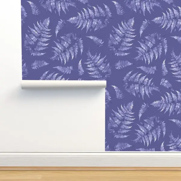 Spoonflower Lavender Ferns On Periwinkle 100% Natural Sisal Grasscloth Wallcovering