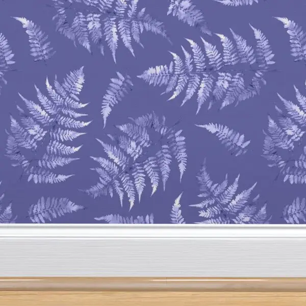 Spoonflower Lavender Ferns On Periwinkle 100% Natural Sisal Grasscloth Wallcovering