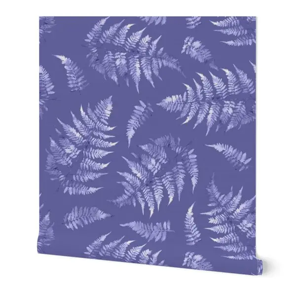 Spoonflower Lavender Ferns On Periwinkle 100% Natural Sisal Grasscloth Wallcovering