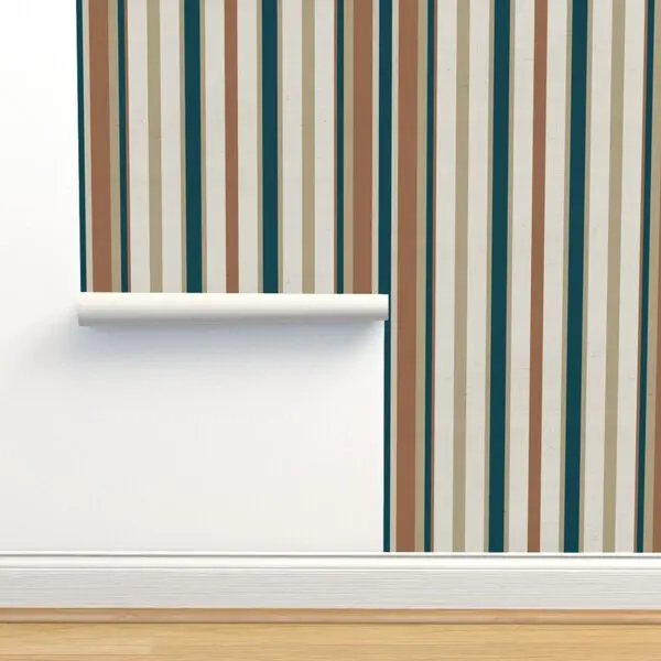 Spoonflower Teal Beige Cocoa Brown And Cream Vertical Stripe 100% Natural Sisal Grasscloth Wallcovering - White,teal,brown
