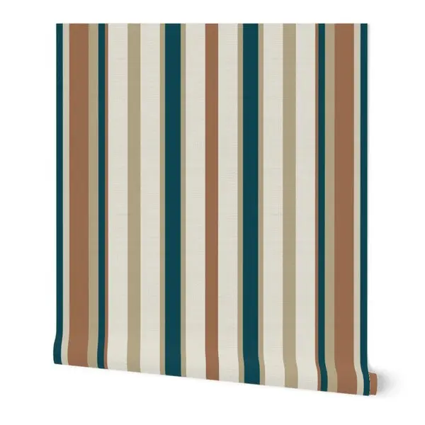 Spoonflower Teal Beige Cocoa Brown And Cream Vertical Stripe 100% Natural Sisal Grasscloth Wallcovering - White,teal,brown