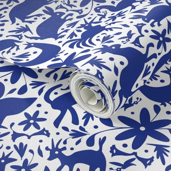 Spoonflower Mexico Cobalt White Deer Cats Spring Happy Large Custom Pre-pasted Wallpaper - Blue,white