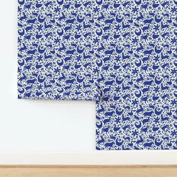 Spoonflower Mexico Cobalt White Deer Cats Spring Happy Large Custom Pre-pasted Wallpaper