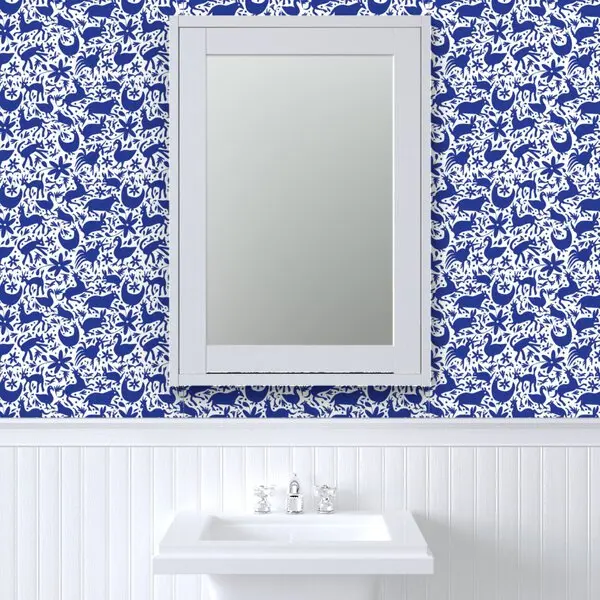 Spoonflower Mexico Cobalt White Deer Cats Spring Happy Large Custom Pre-pasted Wallpaper