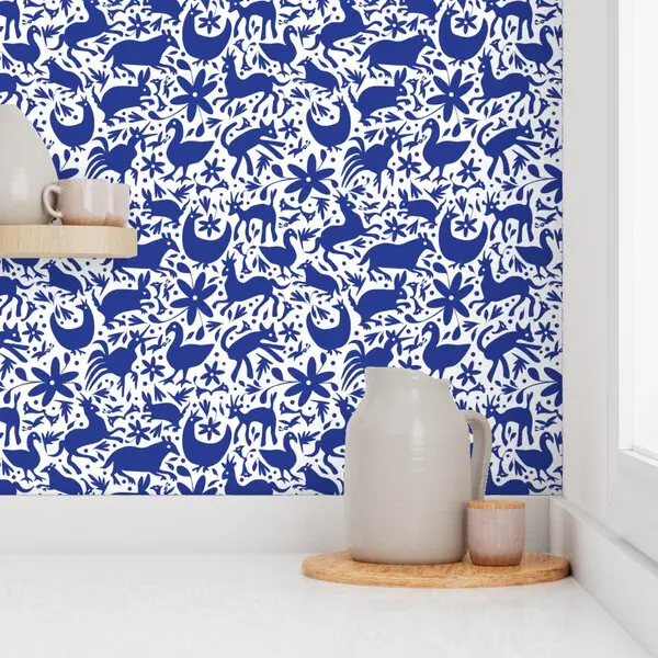 Spoonflower Mexico Cobalt White Deer Cats Spring Happy Large Custom Pre-pasted Wallpaper