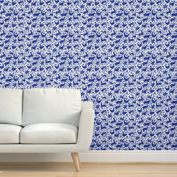 Spoonflower Mexico Cobalt White Deer Cats Spring Happy Large Custom Pre-pasted Wallpaper
