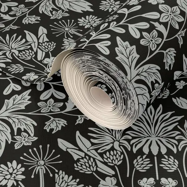 Spoonflower Home In The Weeds Silver On Medium Scale 100% Natural Sisal Grasscloth Wallcovering - Black