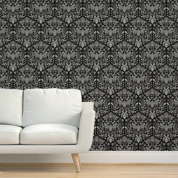 Spoonflower Home In The Weeds Silver On Medium Scale 100% Natural Sisal Grasscloth Wallcovering - Black
