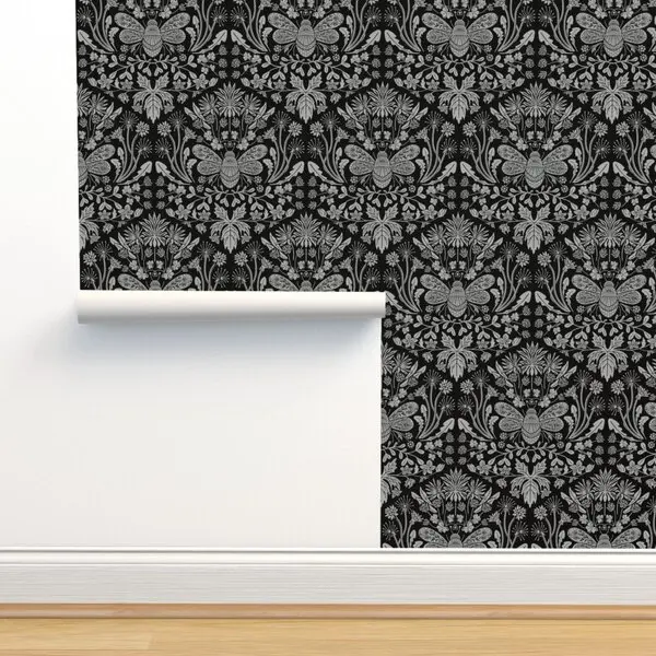 Spoonflower Home In The Weeds Silver On Medium Scale 100% Natural Sisal Grasscloth Wallcovering - Black
