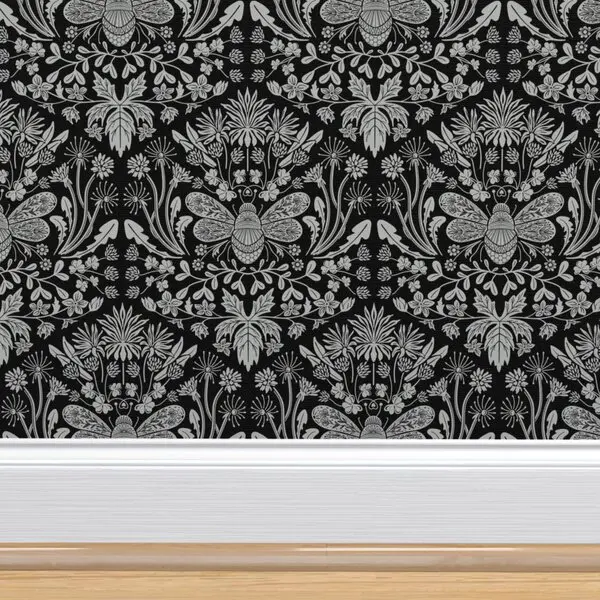 Spoonflower Home In The Weeds Silver On Medium Scale 100% Natural Sisal Grasscloth Wallcovering - Black