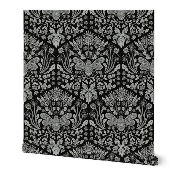 Spoonflower Home In The Weeds Silver On Medium Scale 100% Natural Sisal Grasscloth Wallcovering - Black