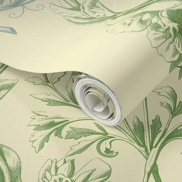 Spoonflower Damask Floral Botanical Yellow Cream Blue Custom Removable Wallpaper - Green,sage