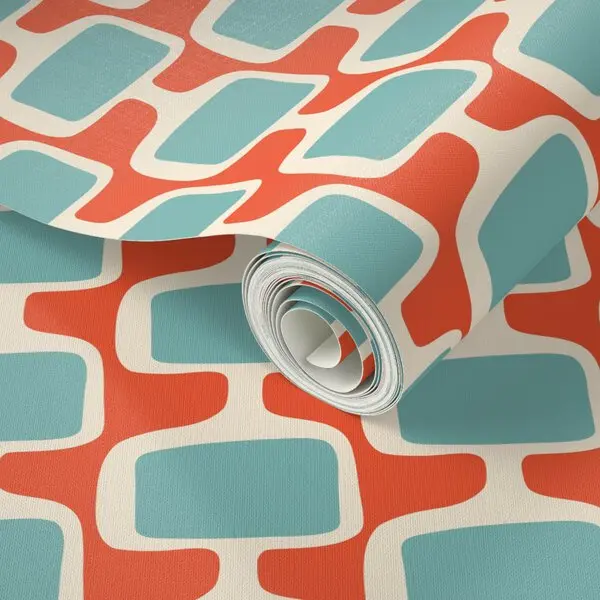 Spoonflower Cream Blue Red Retro Modern Abstract Funky Custom Removable Wallpaper - Coral,teal,beige