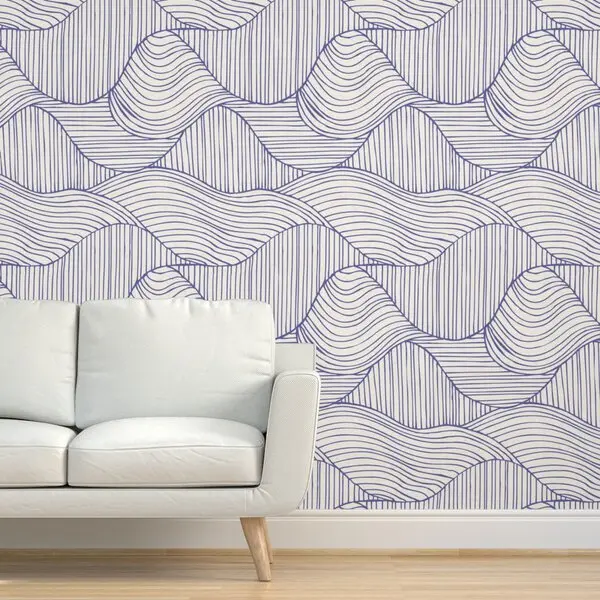 Spoonflower Geometric Dunes White Periwinkle 100% Natural Sisal Grasscloth Wallcovering - Purple,white