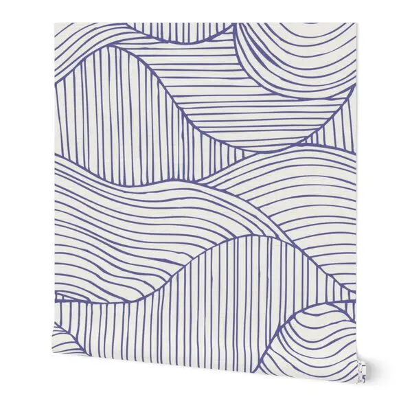 Spoonflower Geometric Dunes White Periwinkle 100% Natural Sisal Grasscloth Wallcovering - Purple,white